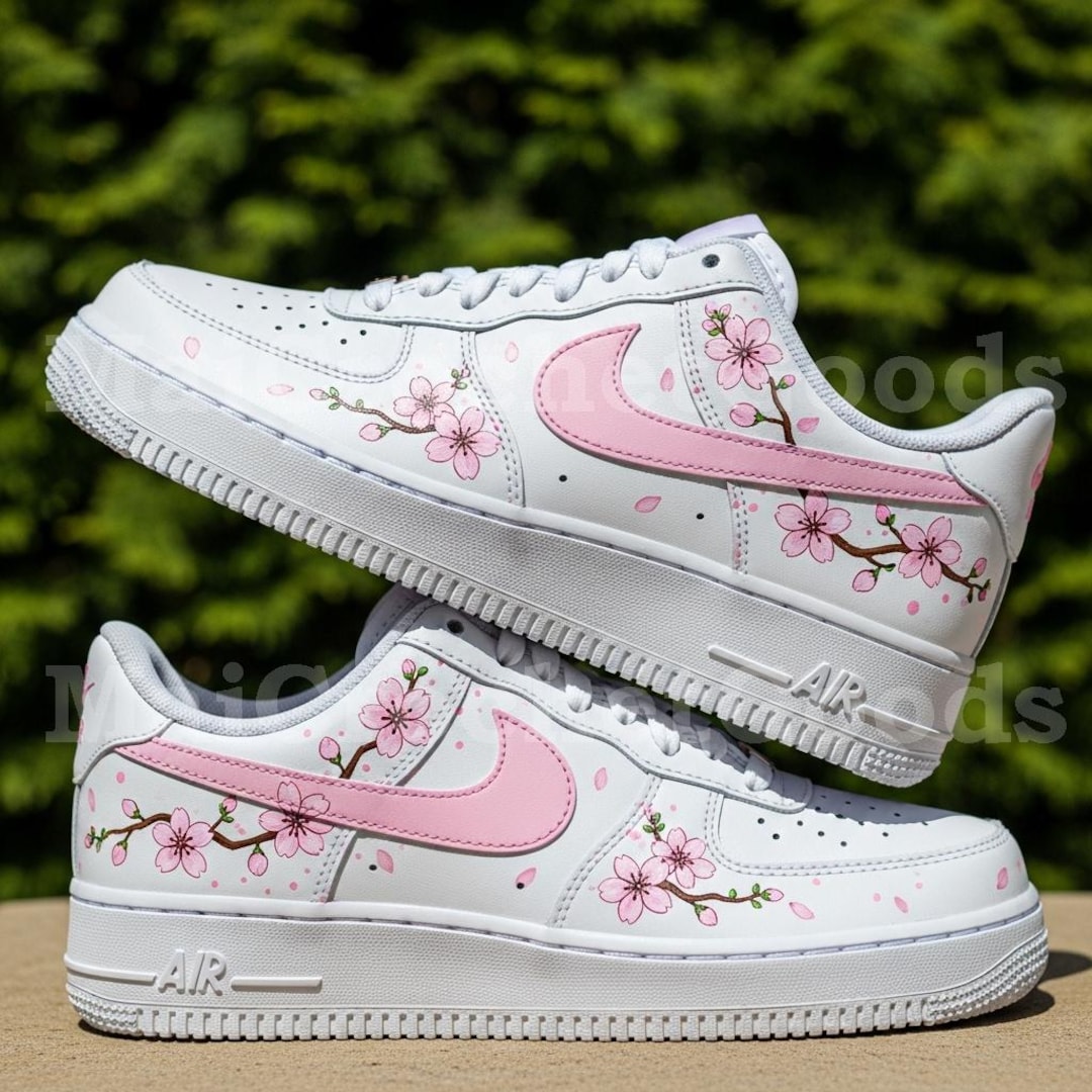 Custom AF1 Floral Sneakers, Air Force One Cherry Blossom Art, Pink ...