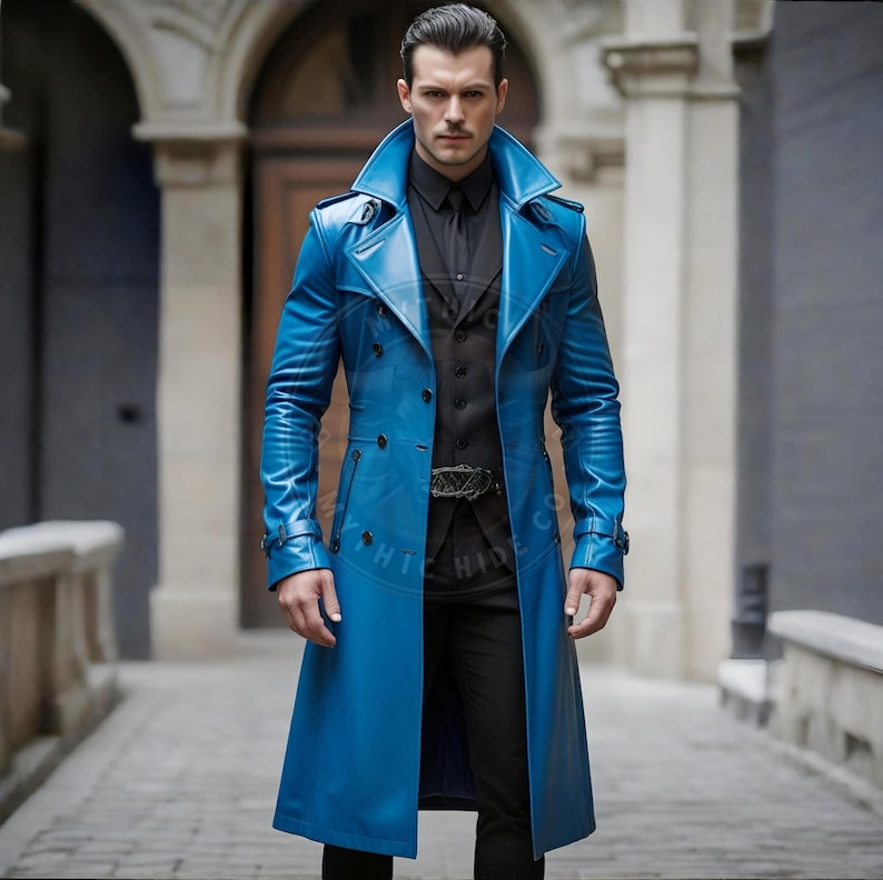 Men’s Blue Leather Trench Coat | Double Breasted Long Gothic Overcoat ...