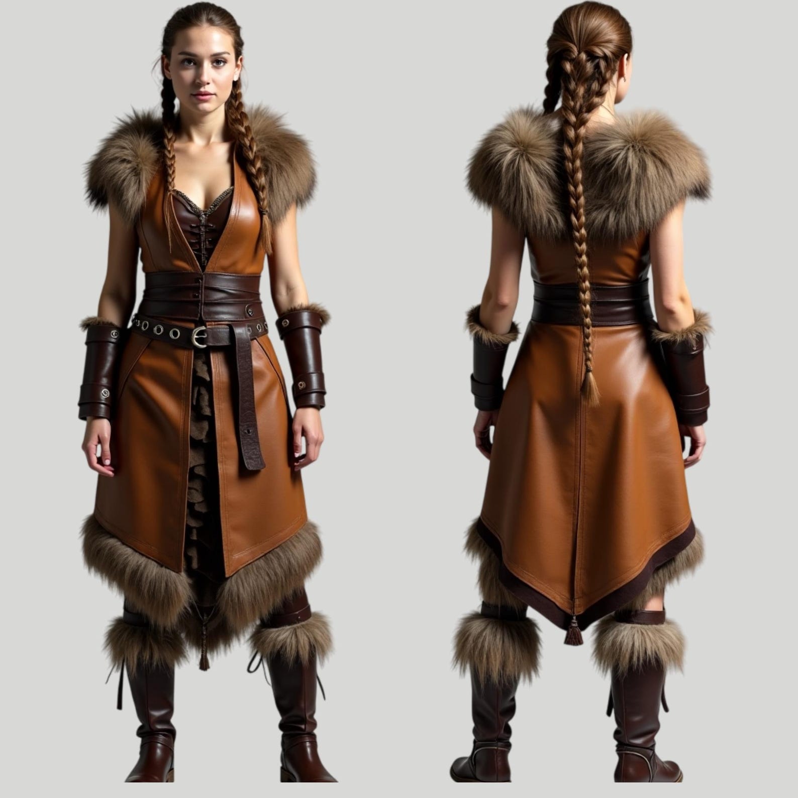 Handmade Leather Viking Costume: Fur Trim LARP Cosplay Dress With ...