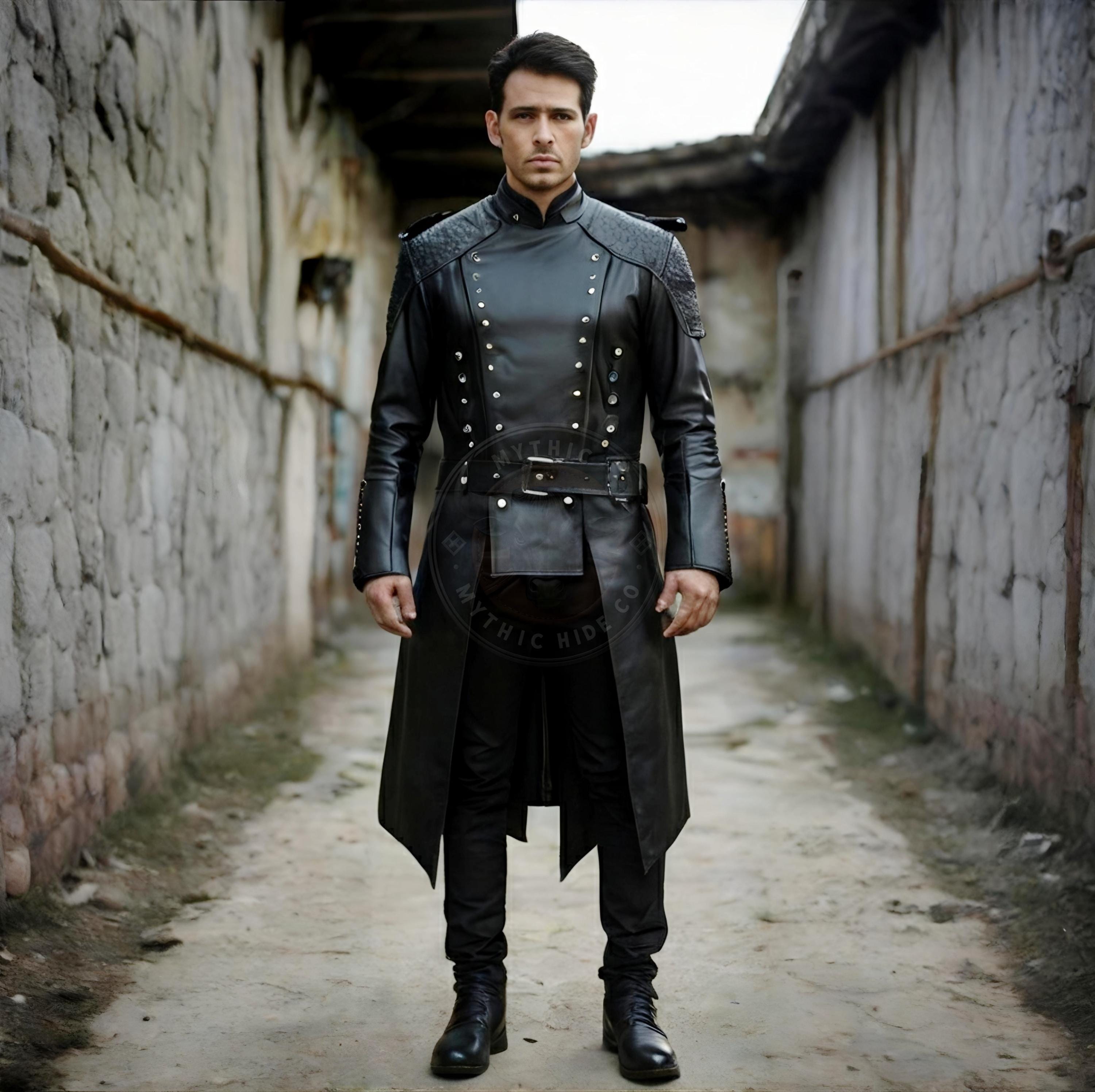 Gothic Black Leather Trench Coat for Men – Handmade Long Warrior Jacket ...
