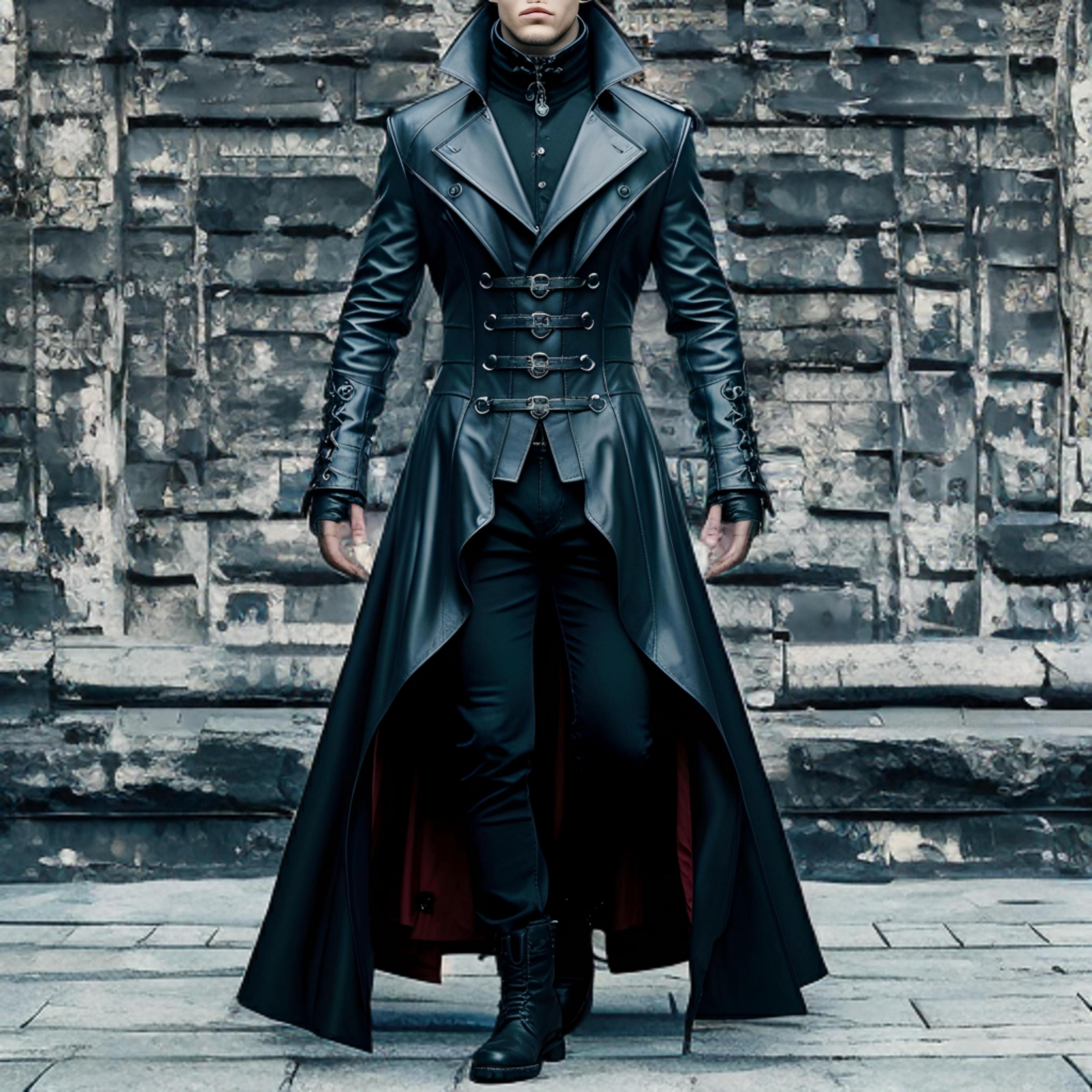 Men's Real Cowhide Gothic Trench Coat | Black Leather Steampunk Vampire ...