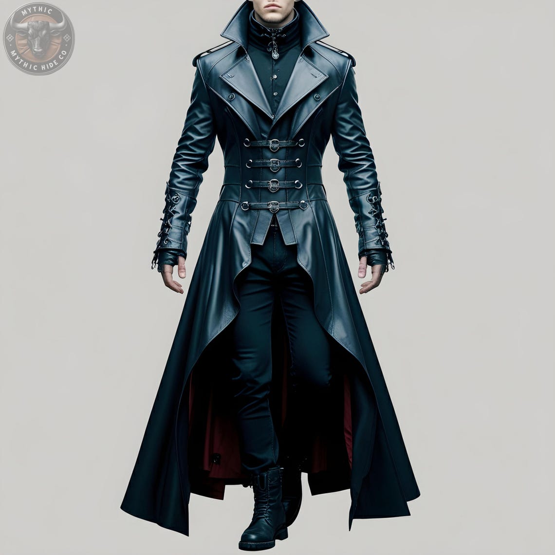 Men's Real Cowhide Gothic Trench Coat | Black Leather Steampunk Vampire ...