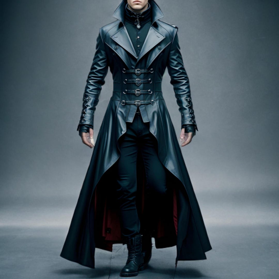 Men's Real Cowhide Gothic Trench Coat | Black Leather Steampunk Vampire ...