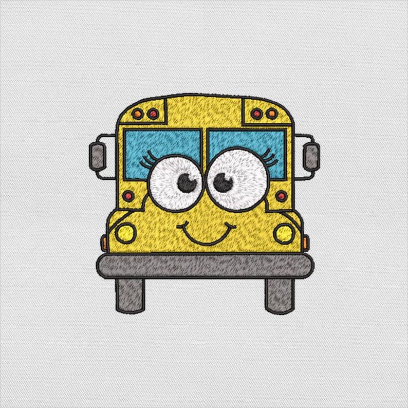 Yellow School Bus Embroidery Design, Cartoon Style Bus With Eyes for ...