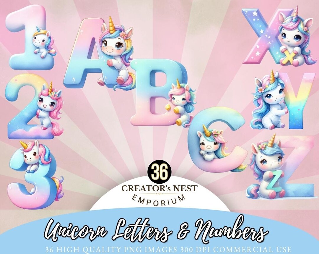 Magical Unicorn Alphabet Clipart Rainbow Letters & Numbers PNG for Kids ...