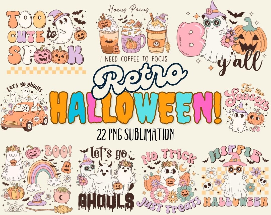 Retro Halloween Clipart Bundle, Halloween Bow Png, Groovy Halloween ...