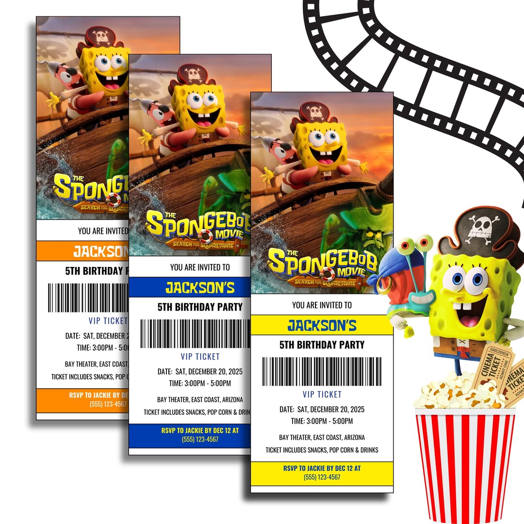 Editable Spongebob Movie Ticket Invitation, Spongebob the Movie 2025 ...