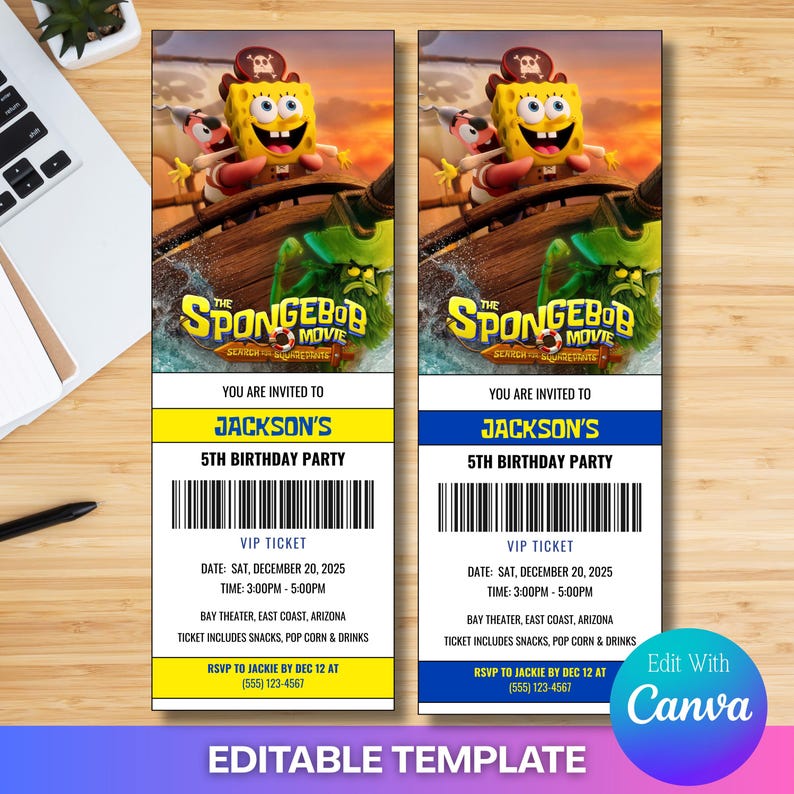 Editable Spongebob Movie Ticket Invitation, Spongebob the Movie 2025 ...