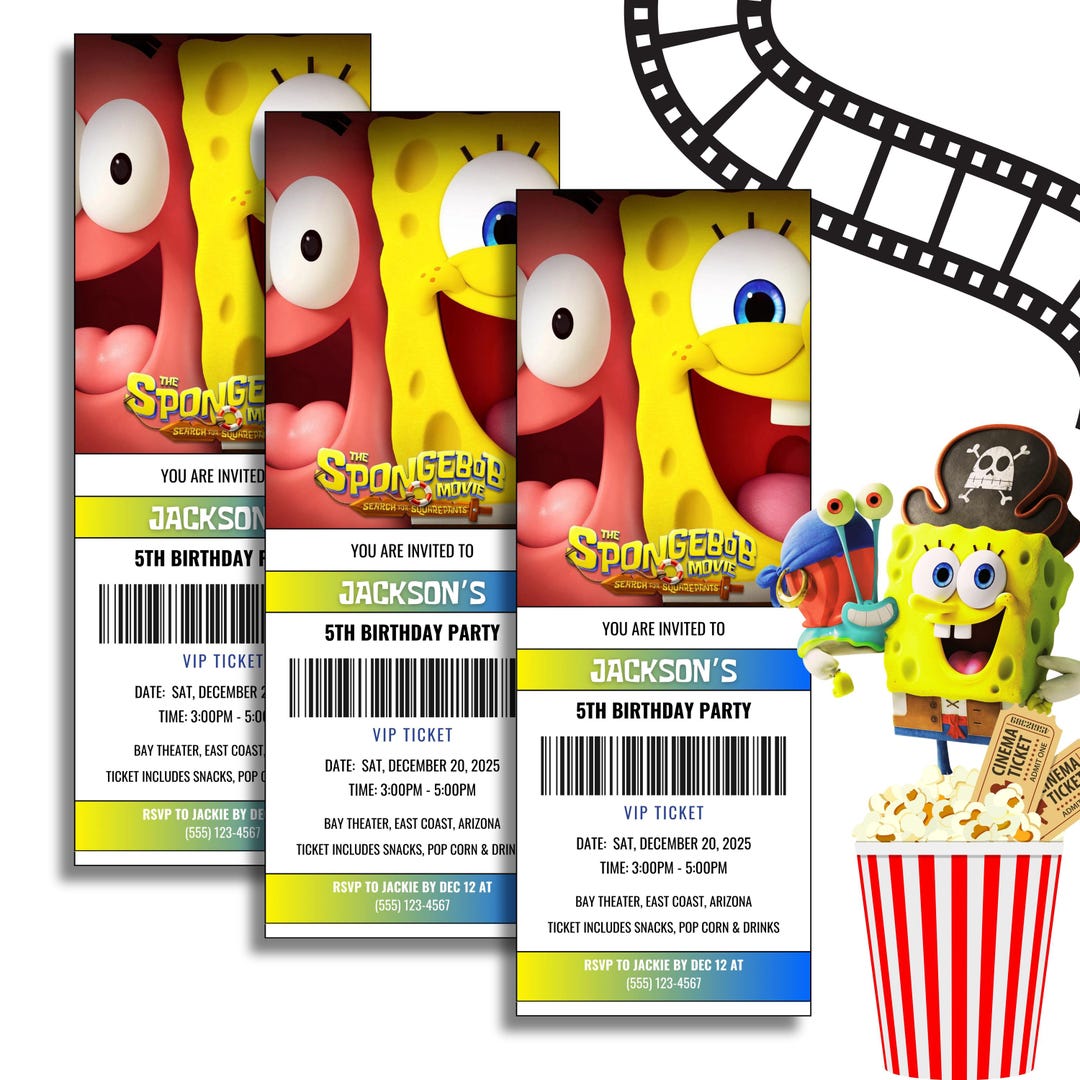 Editable Spongebob Movie Ticket Invitation, Spongebob the Movie 2025 ...