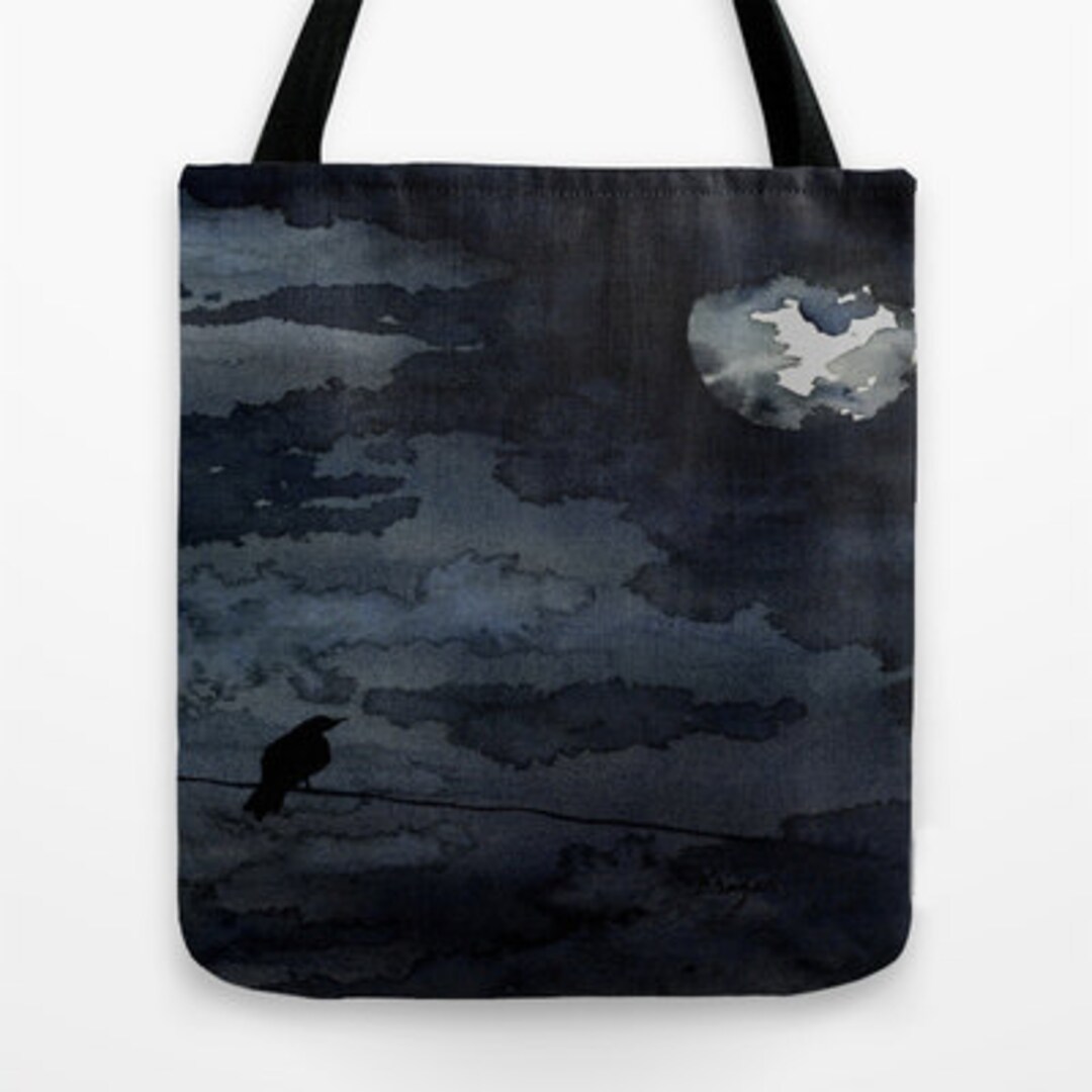 Art Tote Bag - Raven Full Moon Watercolor Painting - Shopping Bag - Etsy