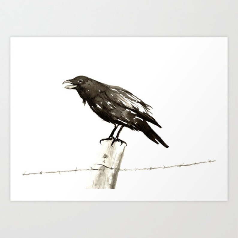 Raven Art Print Japanese Ink Painting Raven on a Barbed - Etsy