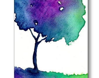 Watercolor Painting Rainbow Hue Tree Modern Contemporary