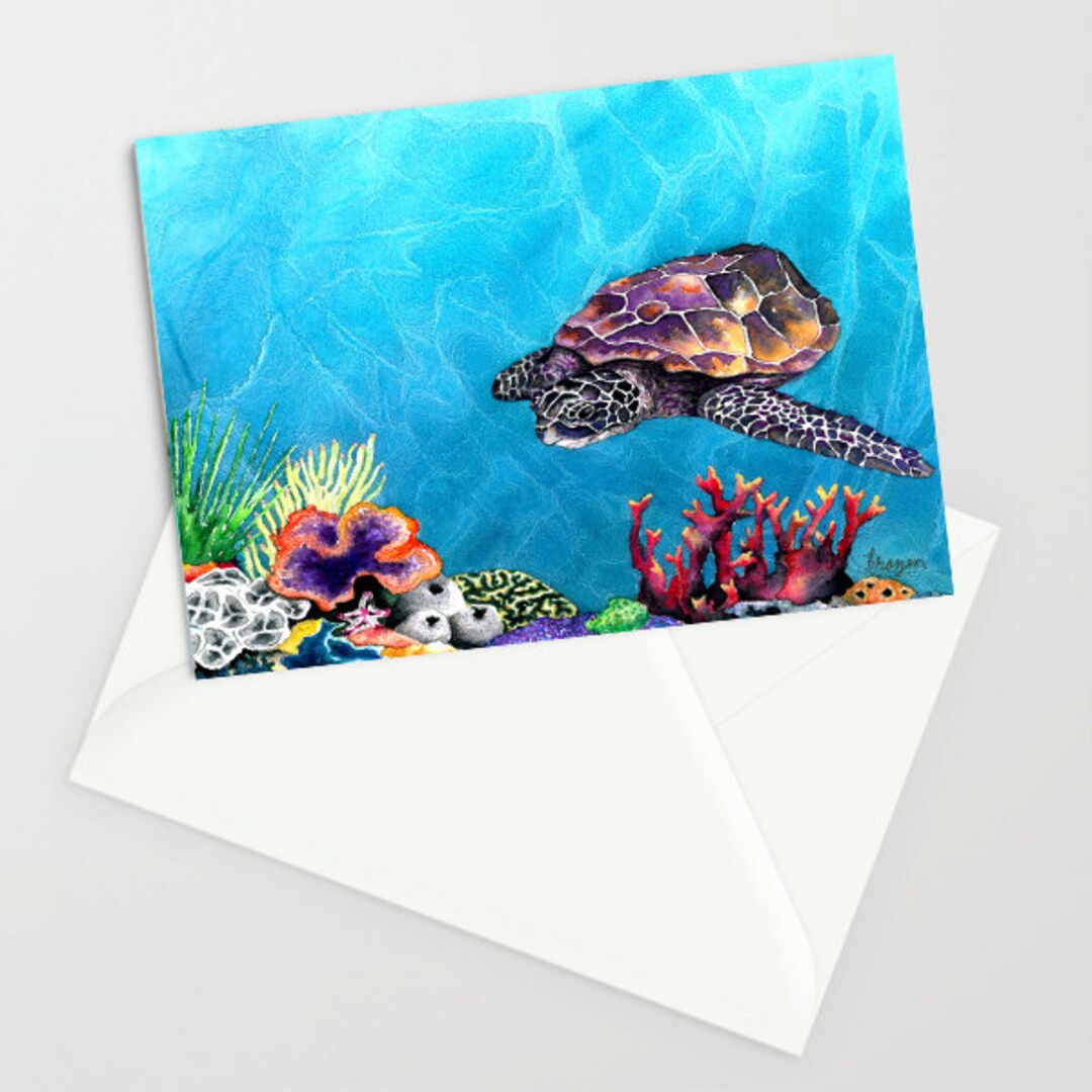 Sea Turtle Art Card - Ocean Life Water Painting - Note or Greeting Card ...