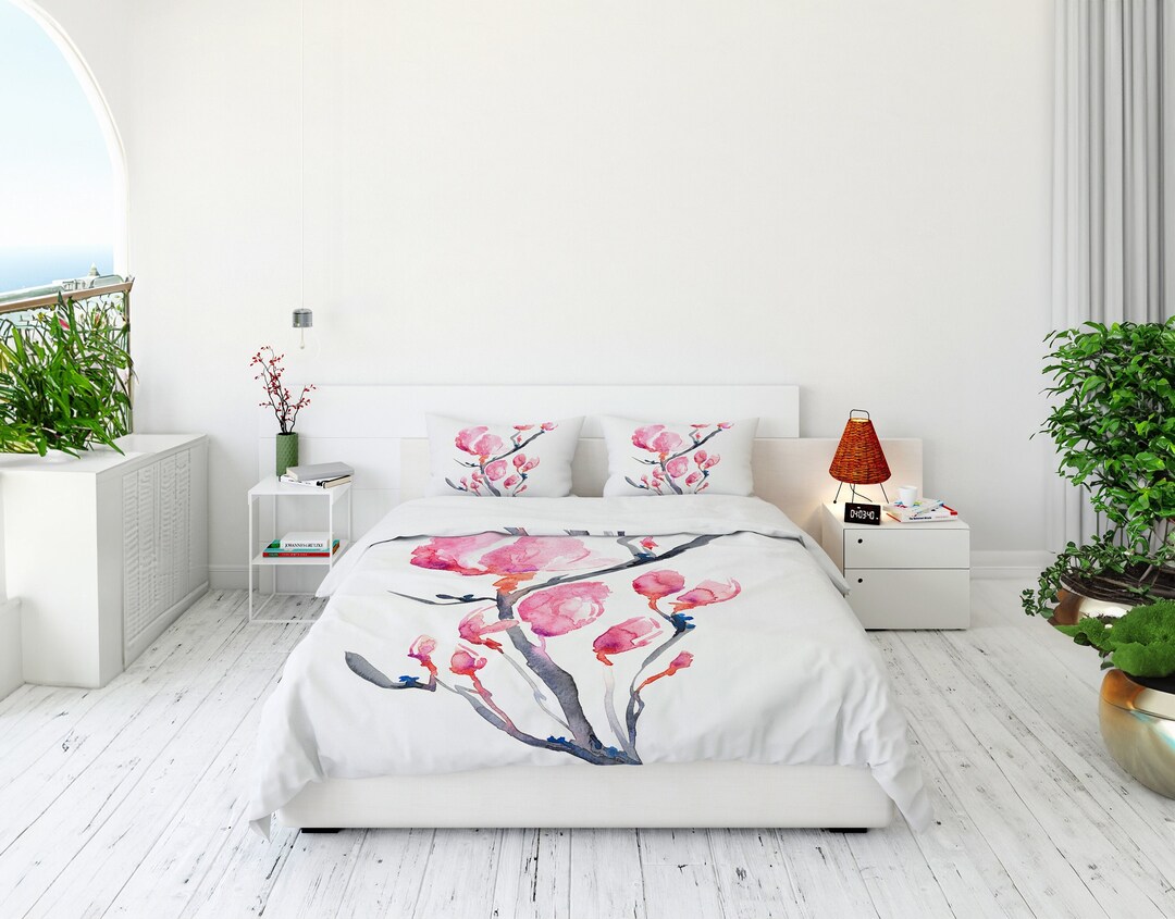 Japanese Magnolia Duvet Cover - Watercolor Floral Bedding - Modern ...