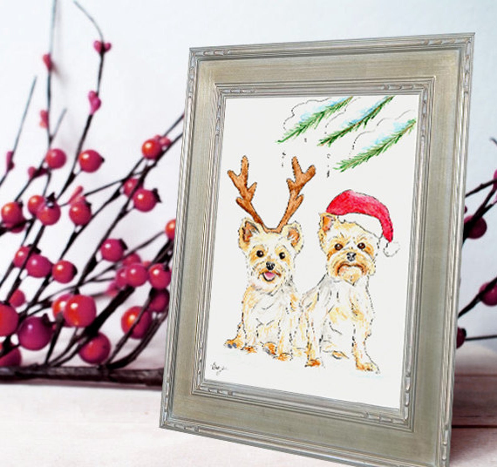 Christmas Portrait - Original Holiday Pet Portrait Watercolor ...