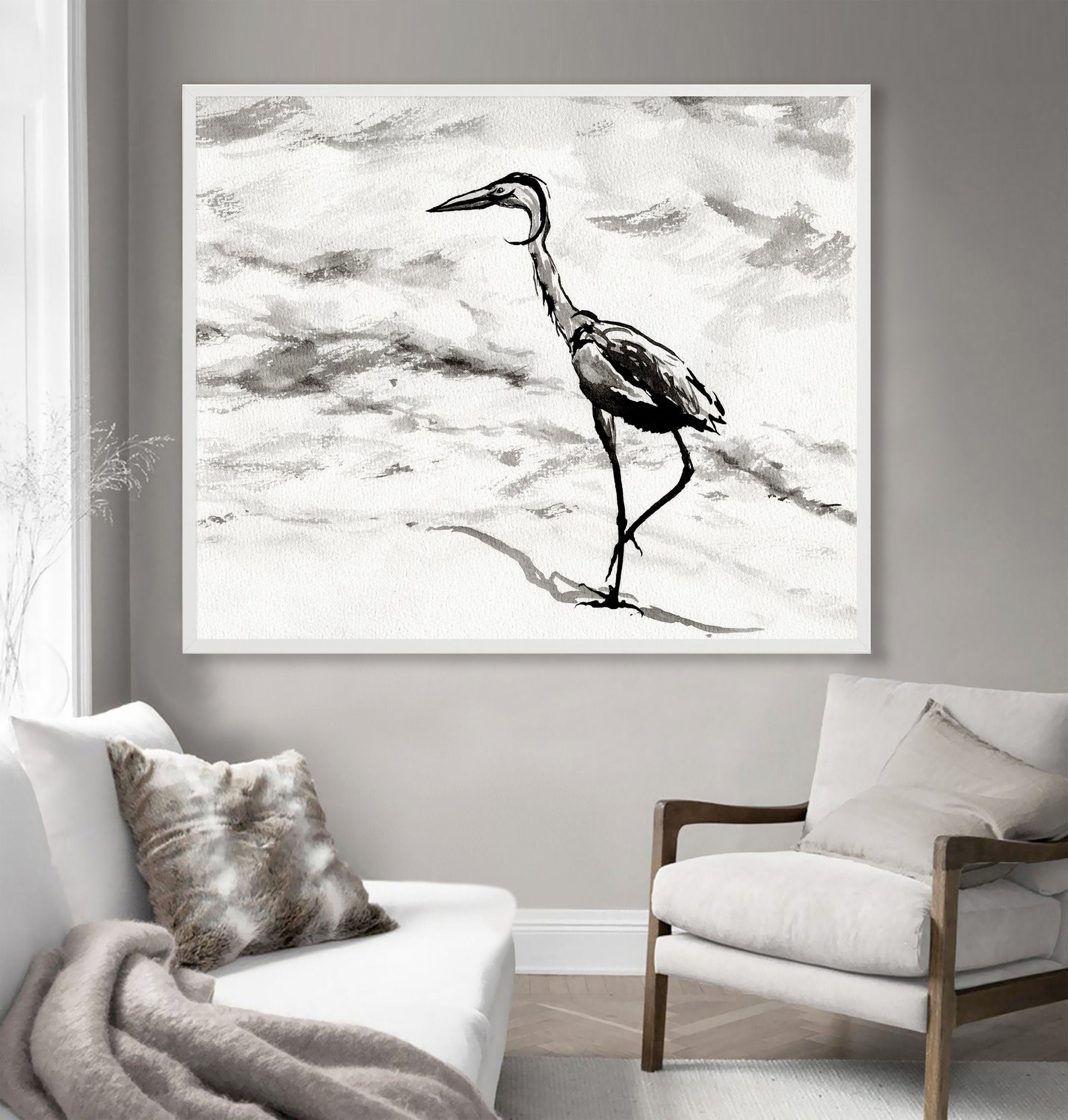 Sumi-e Crane Painting - Japanese Ink Brush Art Print - Archival Canvas ...