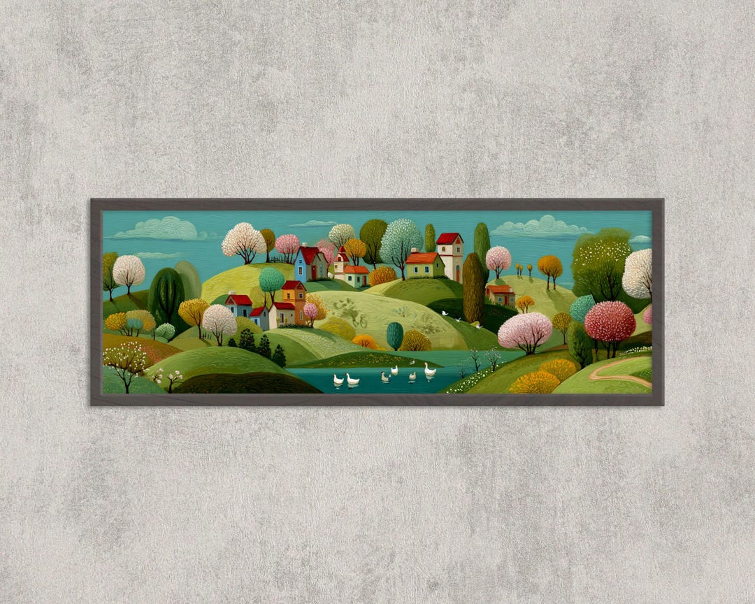 Spring Countryside Folk Art Print: Rolling Hills, Village Cottages - Etsy