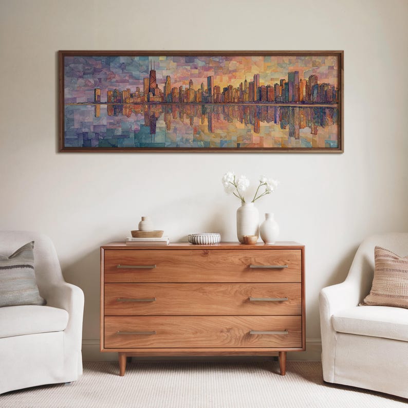 Chicago Skyline Panorama Wall Art | Watercolor Mosaic Cityscape Print ...