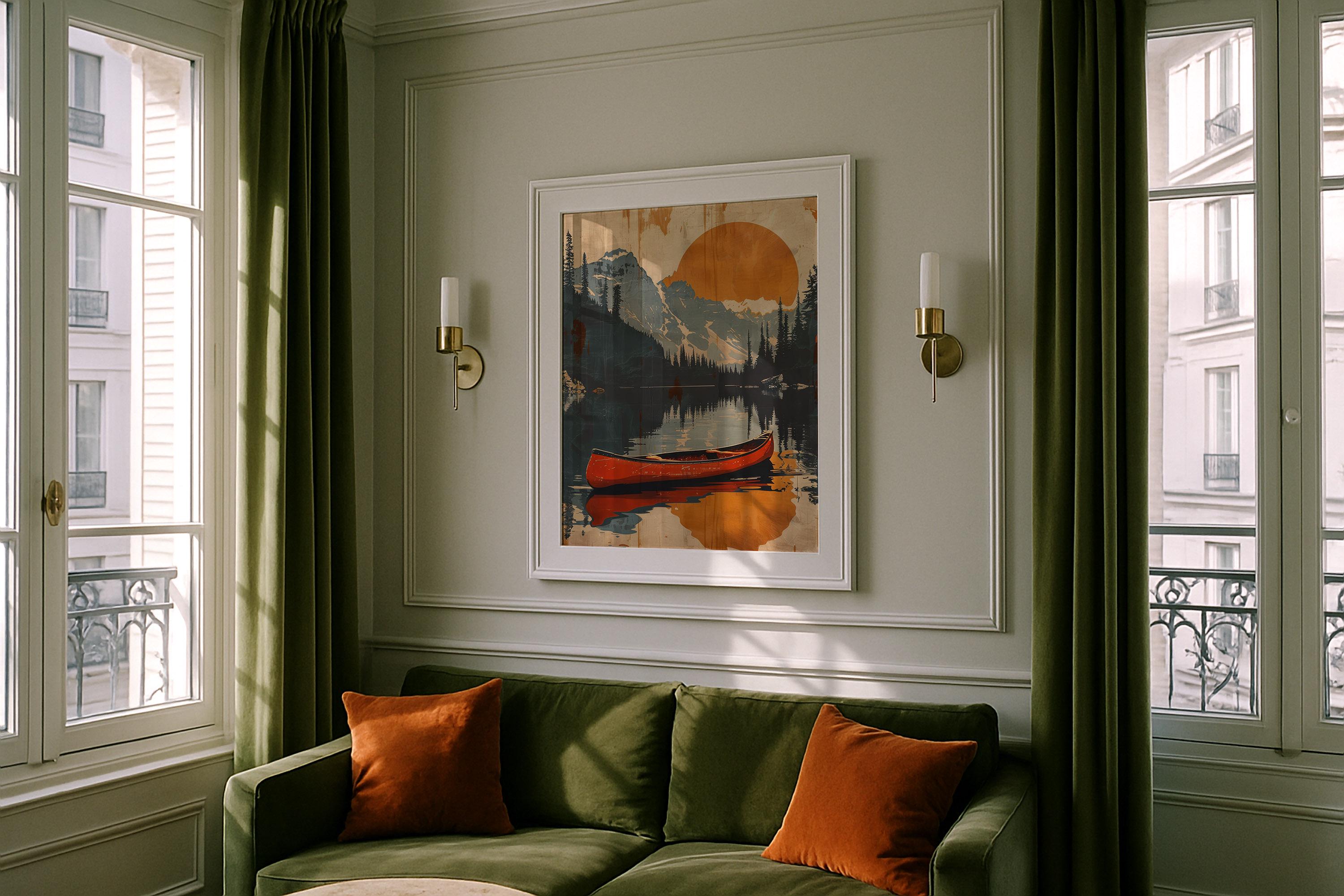 Retro Canoe Lake Wall Art | Calm Lake & Mountain Poster | Vintage ...