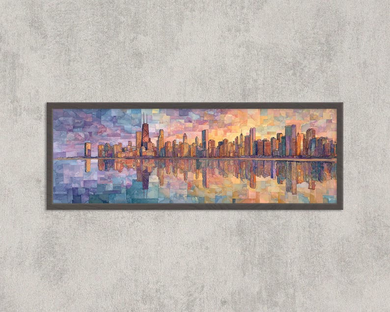 Chicago Skyline Panorama Wall Art | Watercolor Mosaic Cityscape Print ...