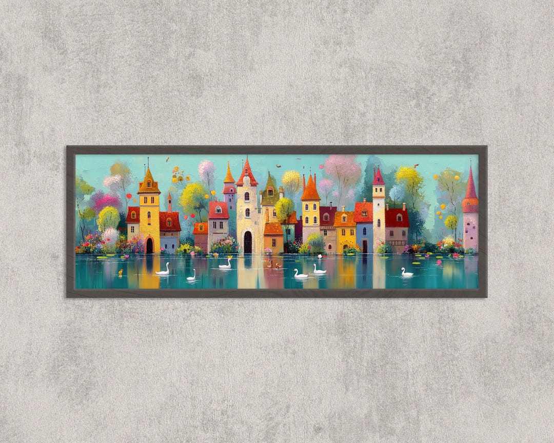 Fairytale Lakeside Village Print: Colorful Castle, Swans, Fantasy ...