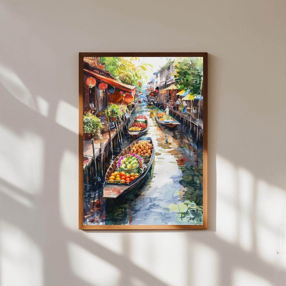 Floating Market Wall Art Print, Thailand Watercolor Poster, Fruit Boat ...