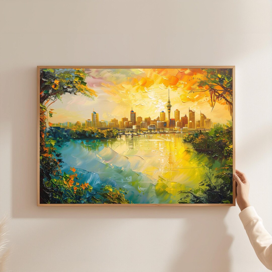 Auckland Skyline Wall Art, New Zealand Sunset Cityscape Print, Harbor ...