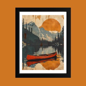 Retro Canoe Lake Wall Art | Calm Lake & Mountain Poster | Vintage ...