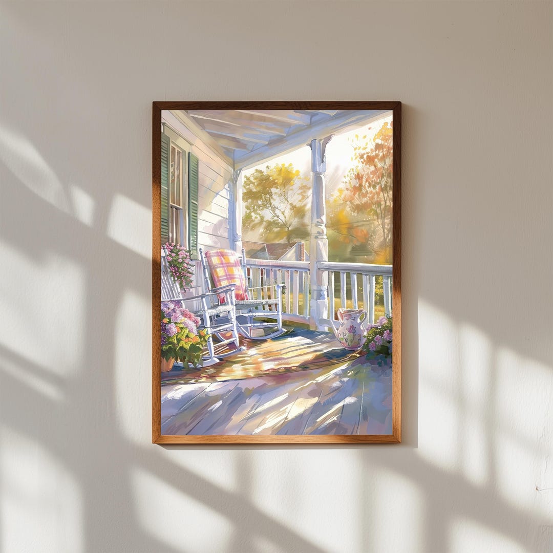 Peaceful Porch Art Print – White Railings & Rocking Chair Country Scene ...