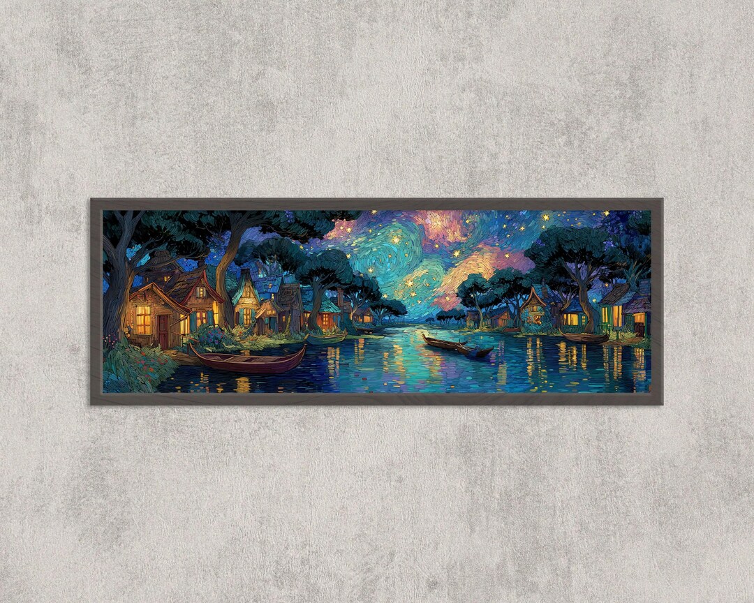 Enchanted Riverside Village Wall Art – Starry Night River Print ...