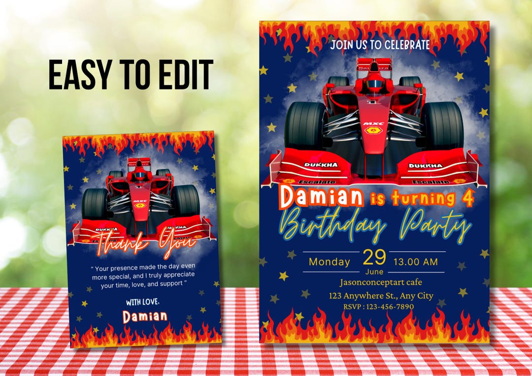 Racing Car Birthday Invitation, Grand Prix Racing Car Pit Stop Themed ...