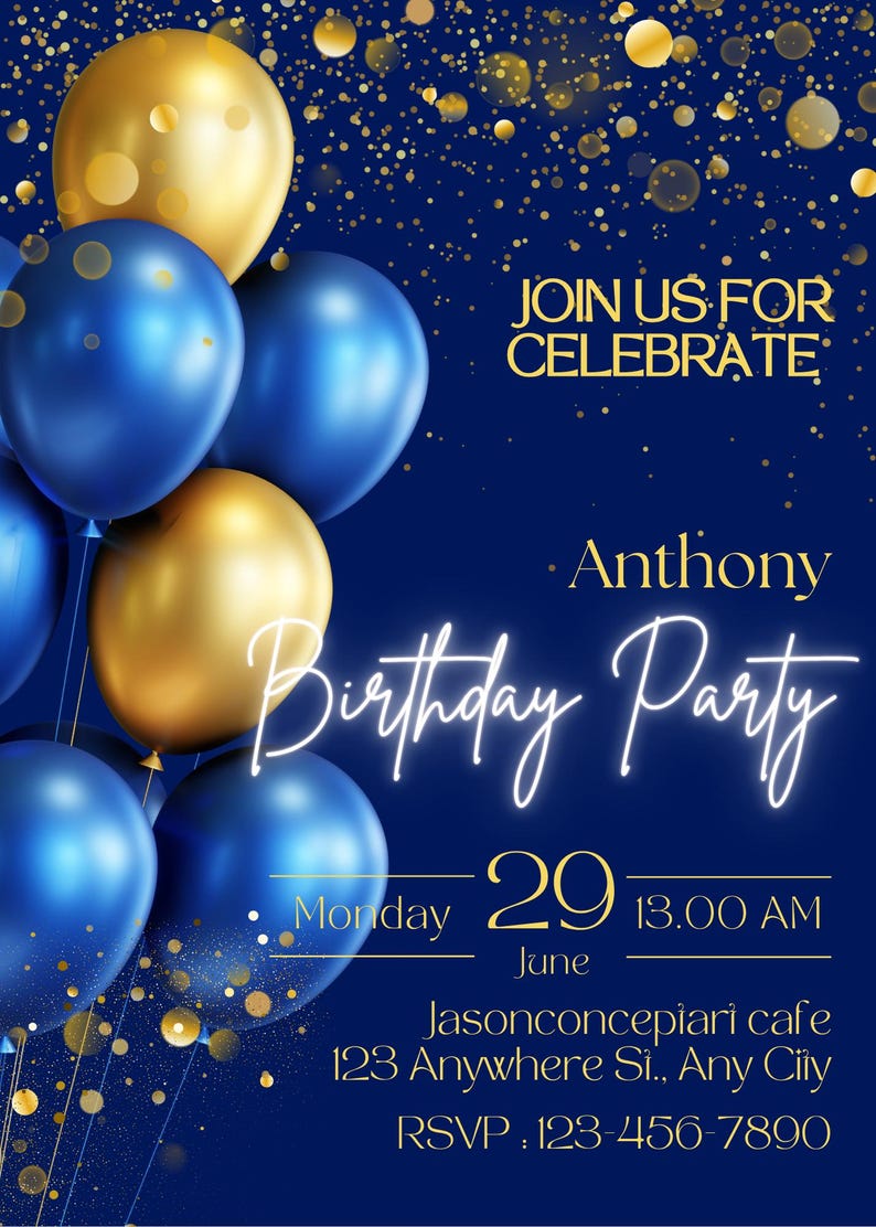 Royal Blue and Gold Birthday Invitation, Animated Dark Blue Gold ...