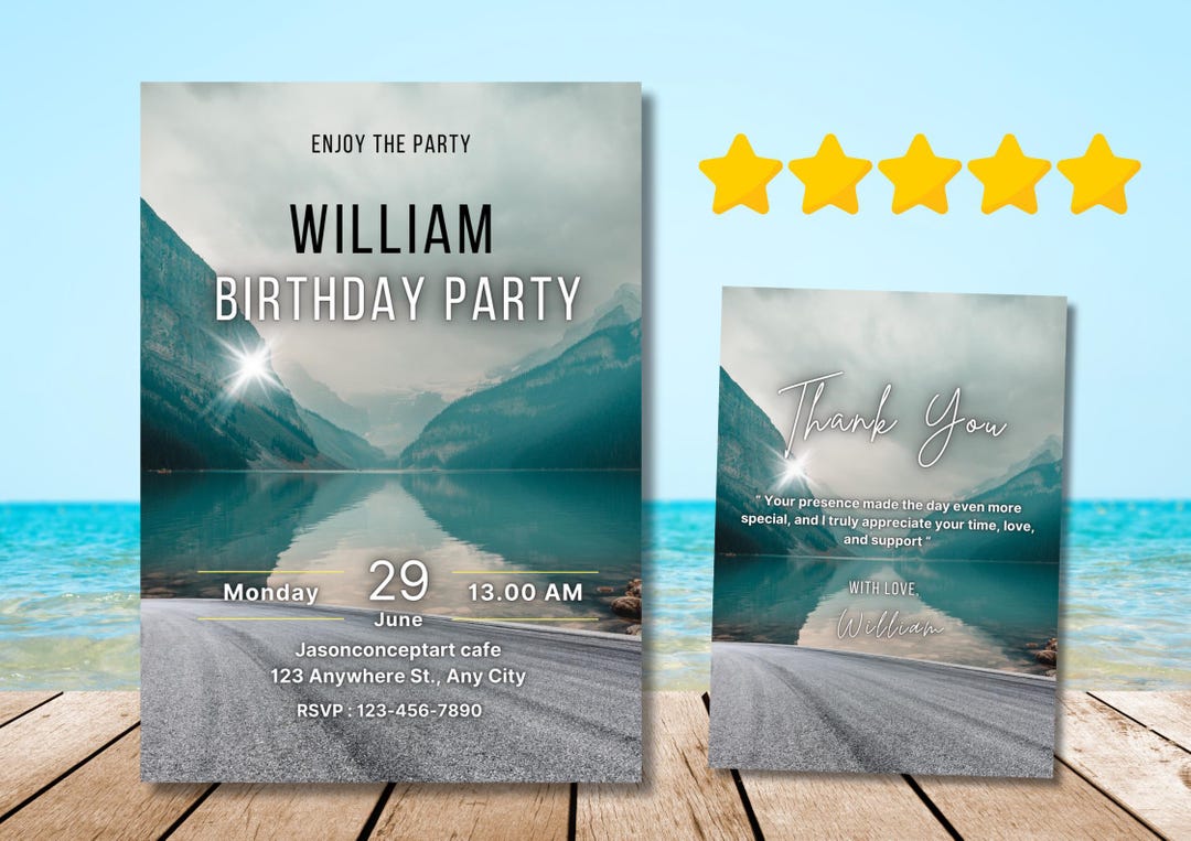 Mountain Lake Birthday Invitation, Boho Rustic Nature Landscape ...