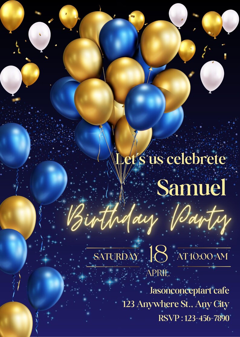 Blue Gold Birthday Invitation, Animated Royal Blue Gold Glitter ...