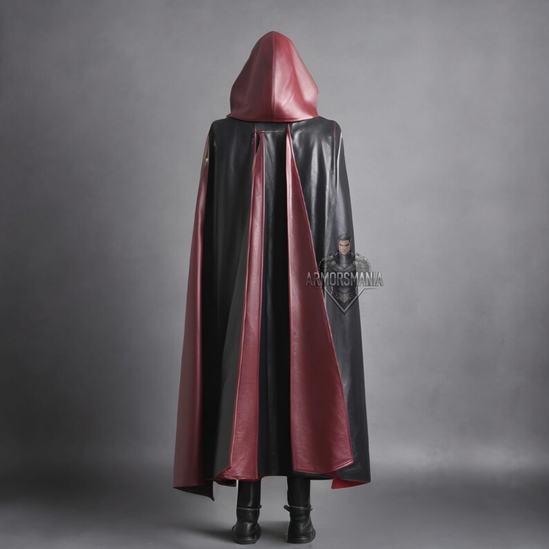 Genuine Leather Hooded Cloak Black Red Gothic Medieval Cosplay Cape ...