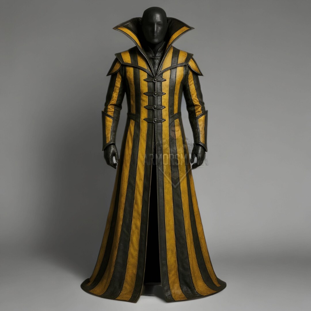 Vampire Lord Striped Cloak Costume | Yellow & Black Leather Long Gothic ...