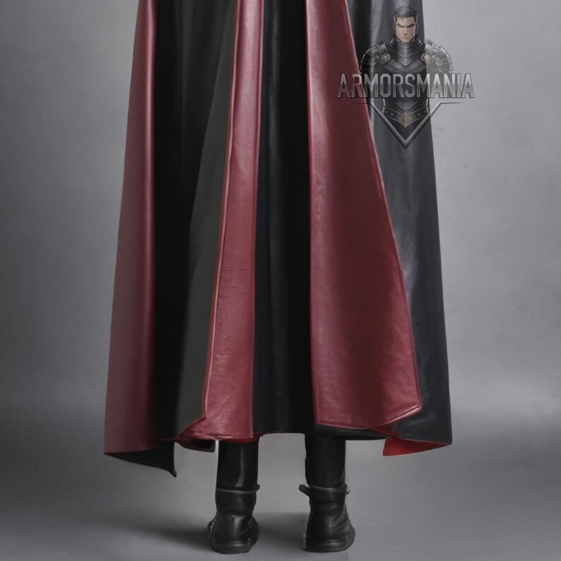 Genuine Leather Hooded Cloak Black Red Gothic Medieval Cosplay Cape ...