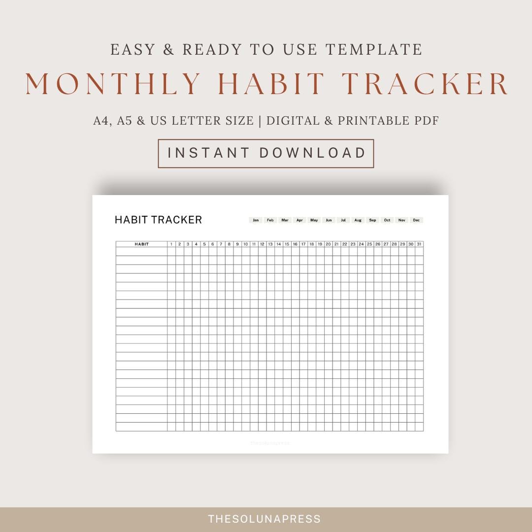 Monthly Habit Tracker Printable | Digital Download PDF | Goal & Routine ...