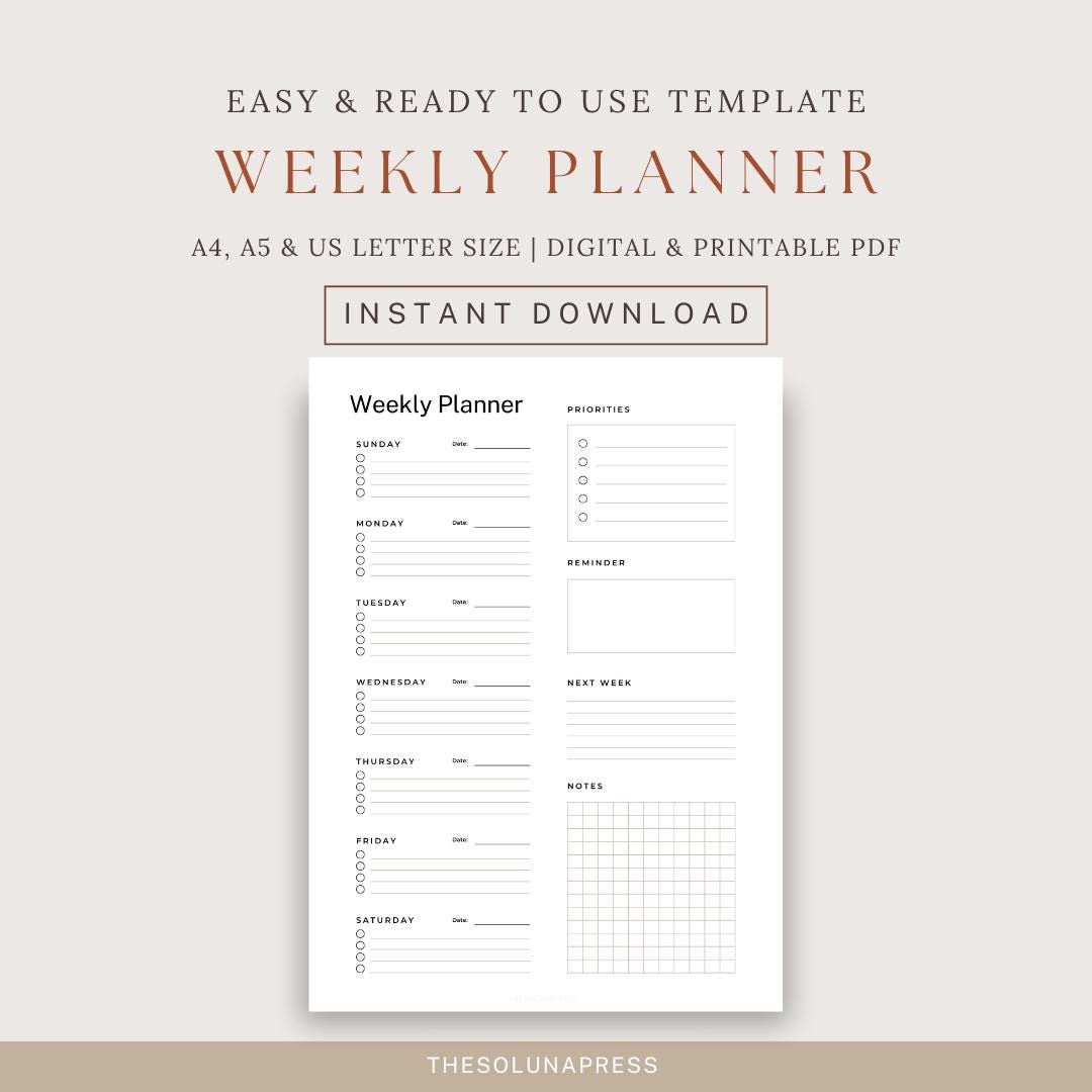 Weekly Planner Printable | Digital Download PDF | Time Management ...