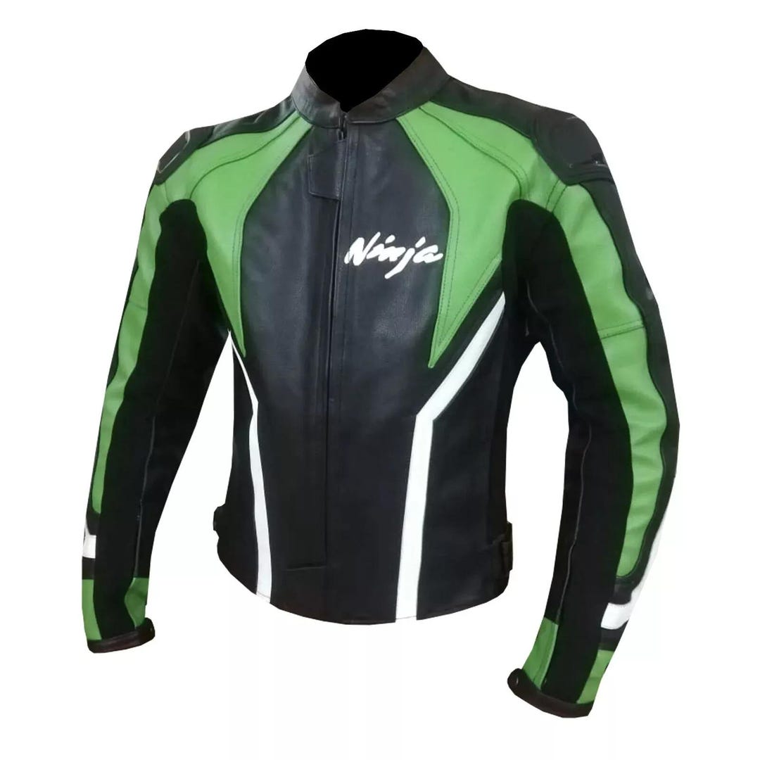 Kawasaki Ninja Leather Jacket Motorcycle Riding Jacket Green Black Moto ...