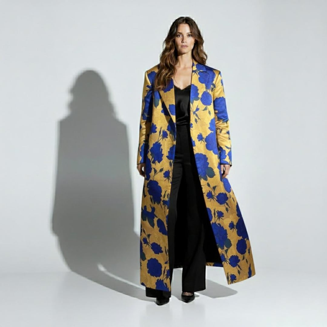 Custom Tailored Floral Maxi Duster Coat: Gold & Royal Blue Trench - Etsy