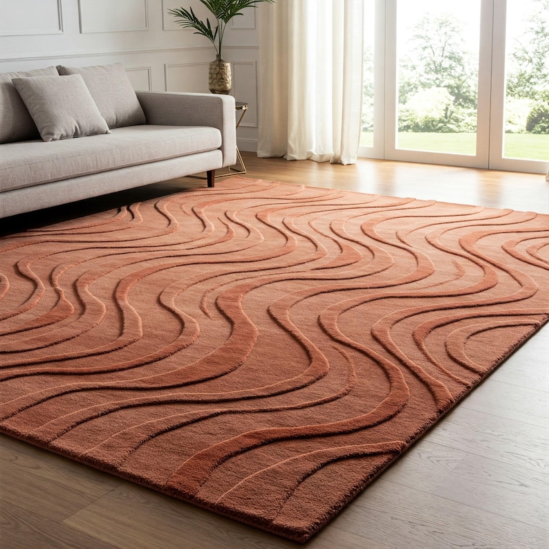 Rust Orange Wavy Rug - Modern Abstract Hand-tufted Wool Area Rug Size 8 ...