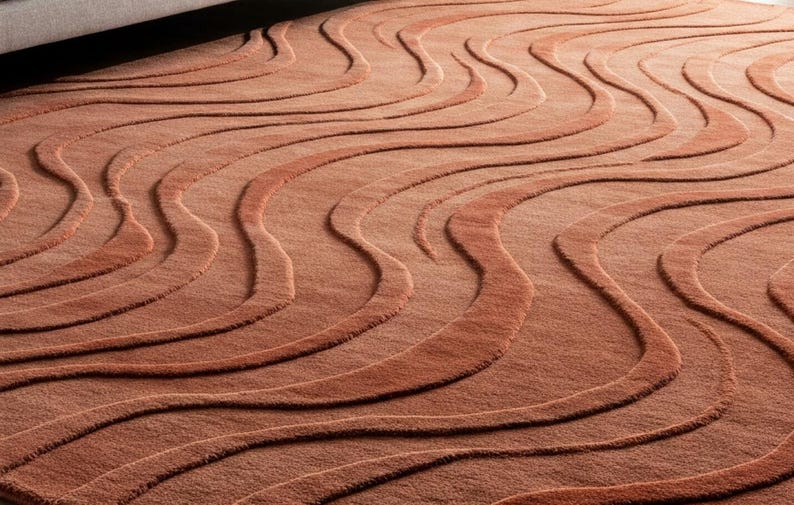 Rust Orange Wavy Rug - Modern Abstract Hand-tufted Wool Area Rug Size 8 ...