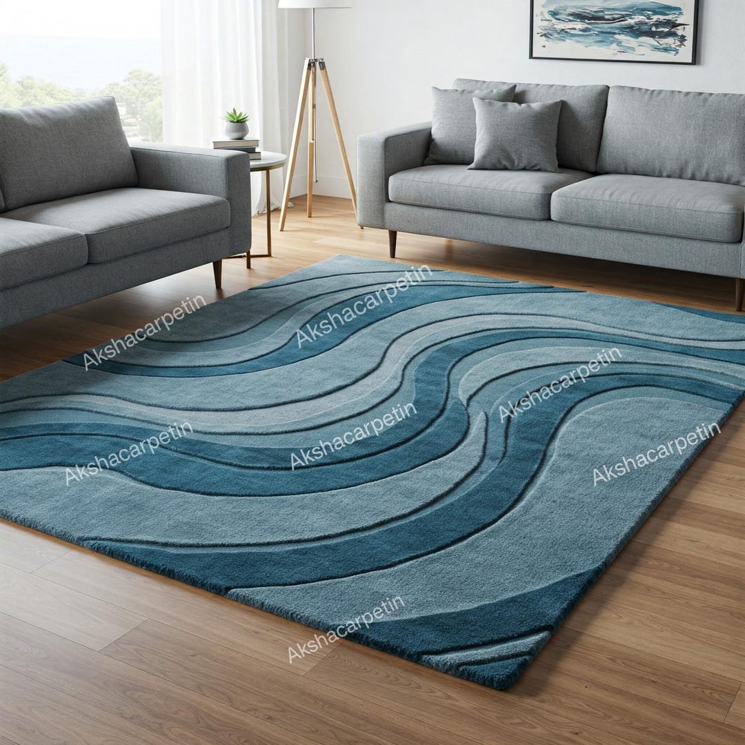 Blue Wave Abstract Area Rug: Modern Ocean Style Polyester Rug - Etsy