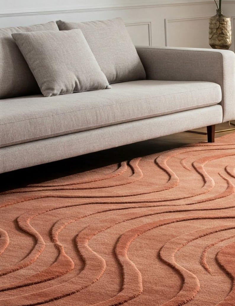Rust Orange Wavy Rug - Modern Abstract Hand-tufted Wool Area Rug Size 8 ...