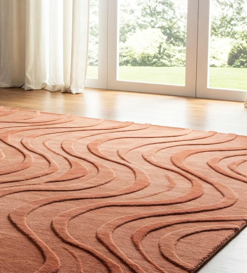 Rust Orange Wavy Rug - Modern Abstract Hand-tufted Wool Area Rug Size 8 ...