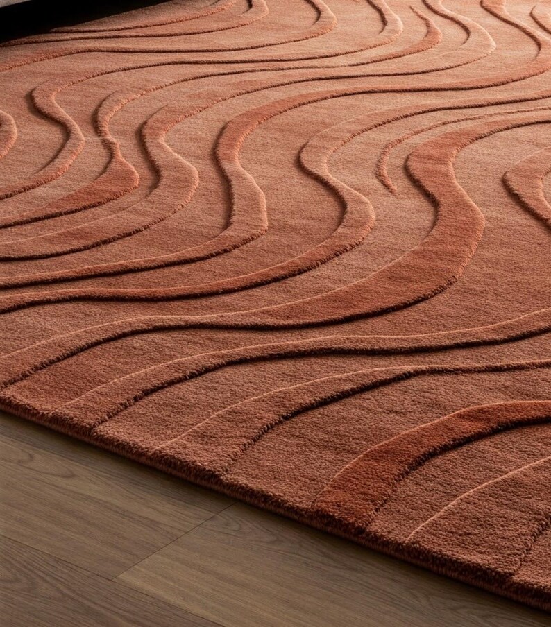 Rust Orange Wavy Rug - Modern Abstract Hand-tufted Wool Area Rug Size 8 ...
