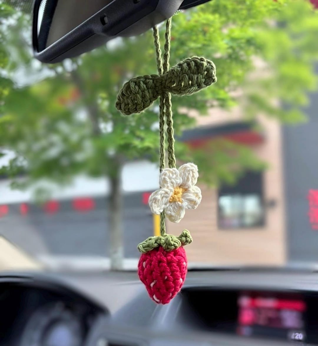 Handmade Crochet Strawberry Car Hanger | Cute Mini Strawberry Charm ...