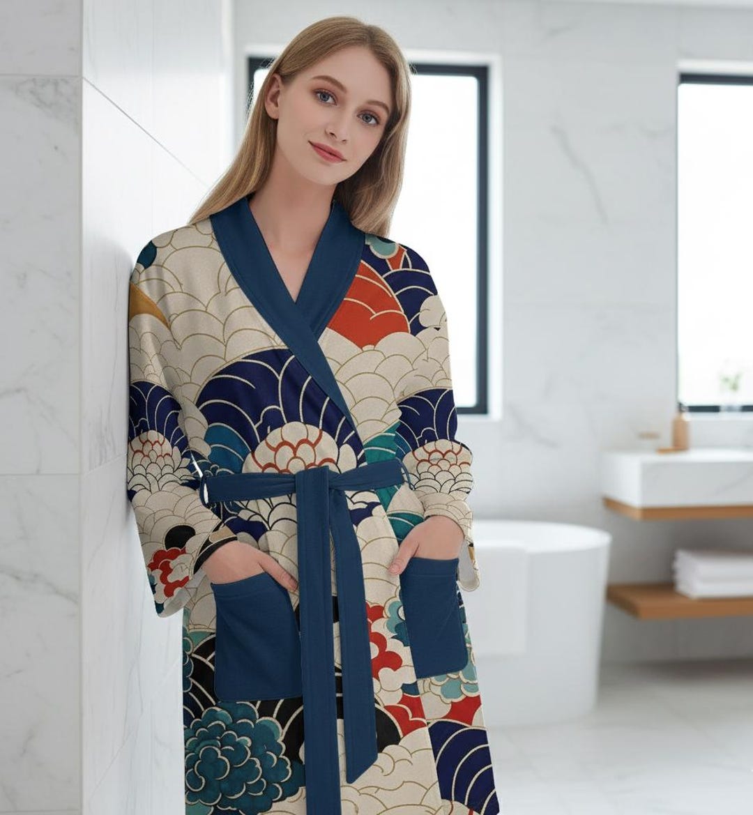 Japanese Wave Kimono Robe: Silky Satin-feel Microfiber Bathrobe, 和風 ...