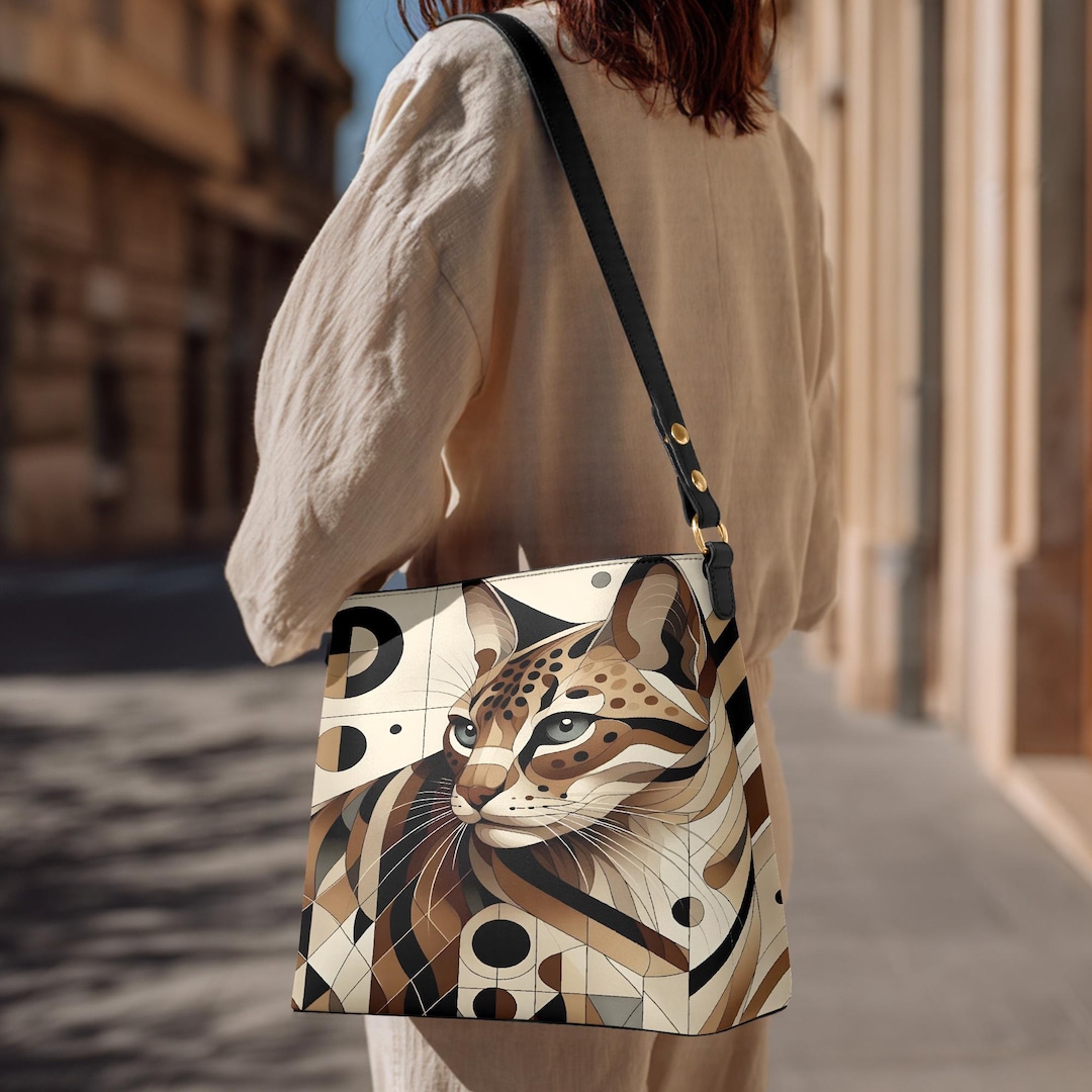 Ocelot Art Bucket Bag – Geometric PU Leather Shoulder Purse - Etsy
